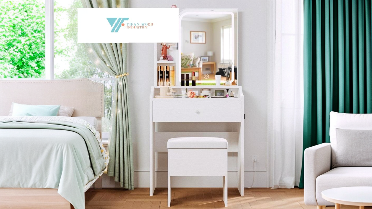 Simple White Vanity Desk Set with LED Lighted Mirror & Power Outlet Makeup Vanity Table Storage ...